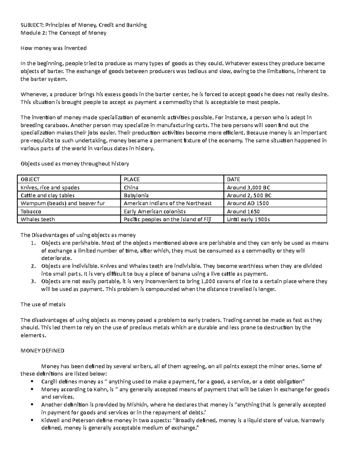 FIN1 Module-2 - SUBJECT: Principles of Money, Credit and Banking Module ...