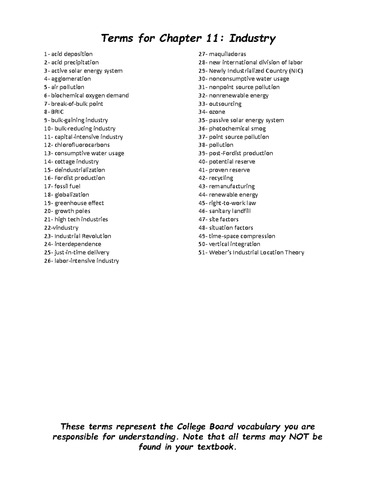 Chapter 11 Vocabulary (Industry) - Terms for Chapter 11: Industry 1- acid deposition 2- acid ...