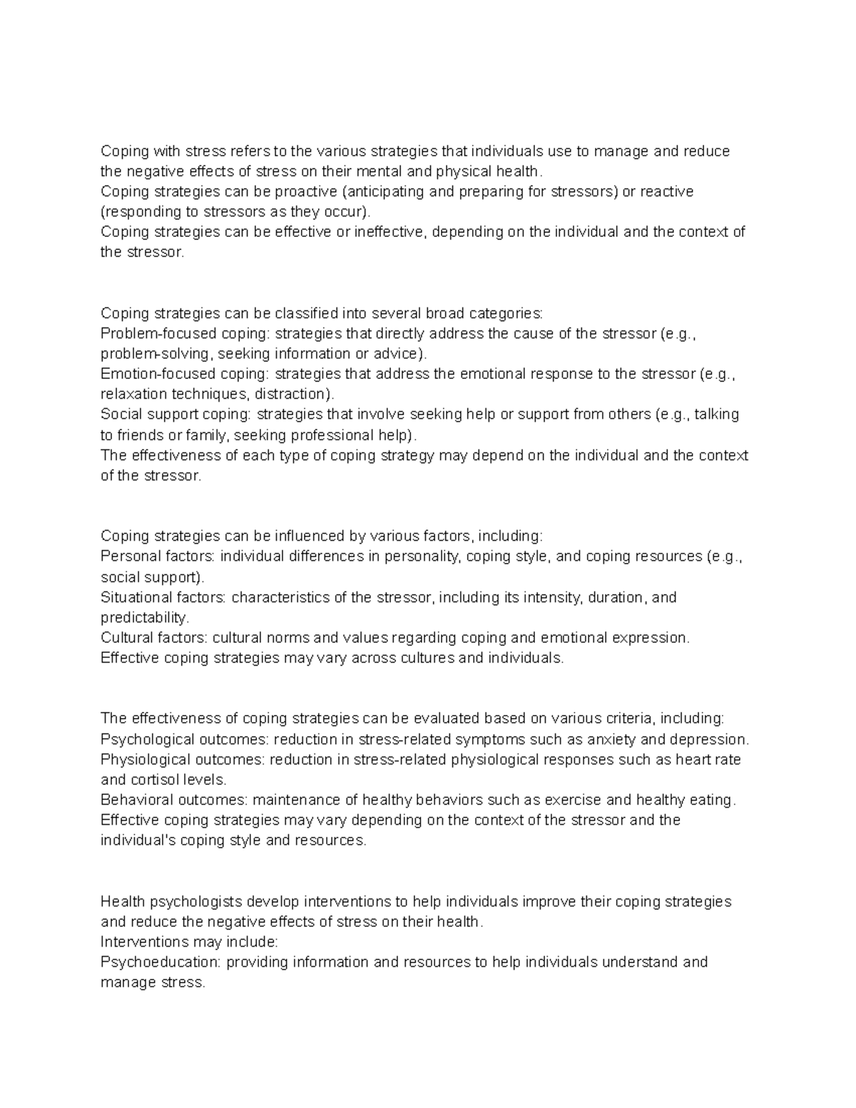 Coping with Stress Notes - Coping with stress refers to the various ...