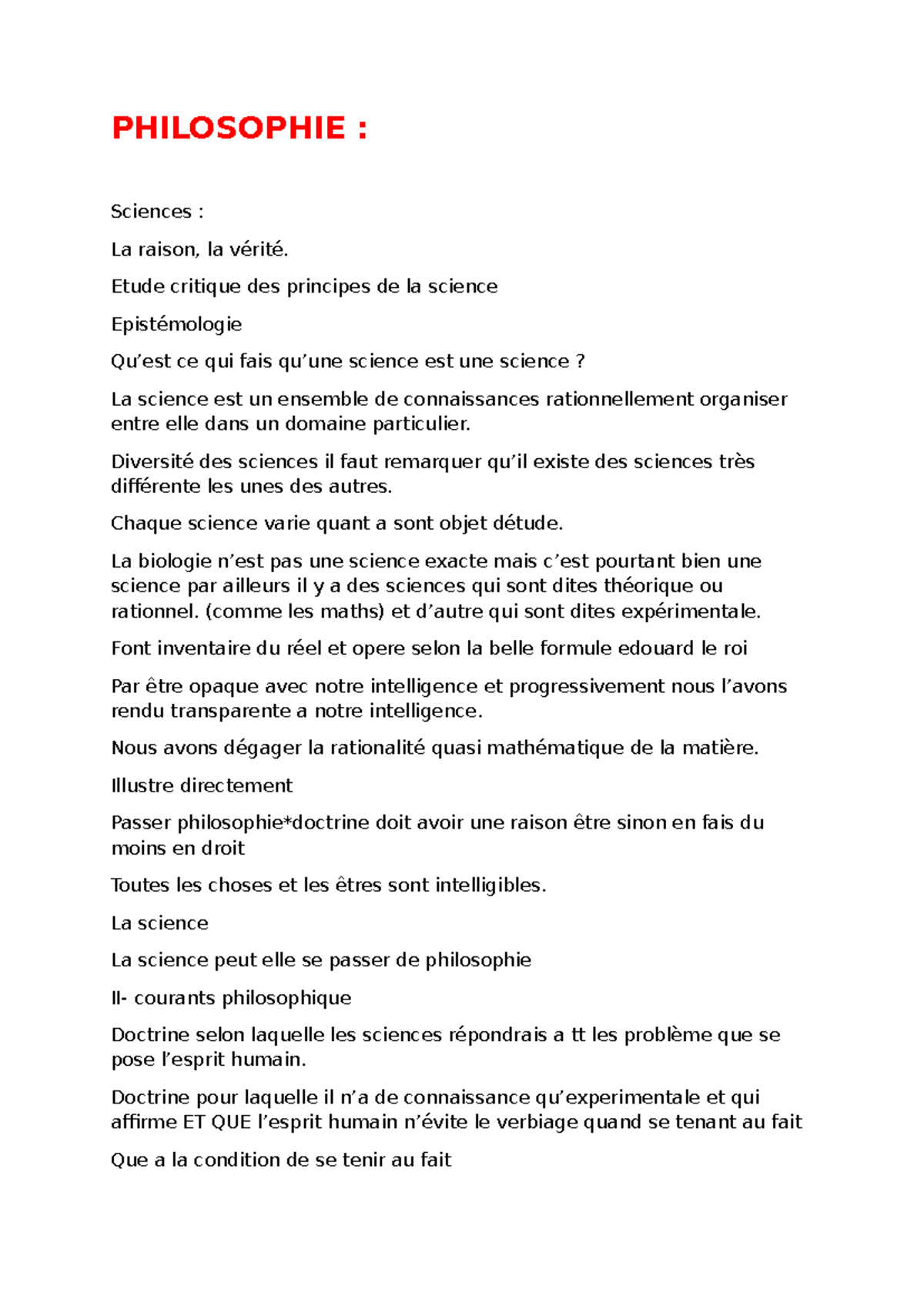 Philo cours pc - PHILOSOPHIE : Sciences : La raison, la vérité. Etude critique des principes de ...