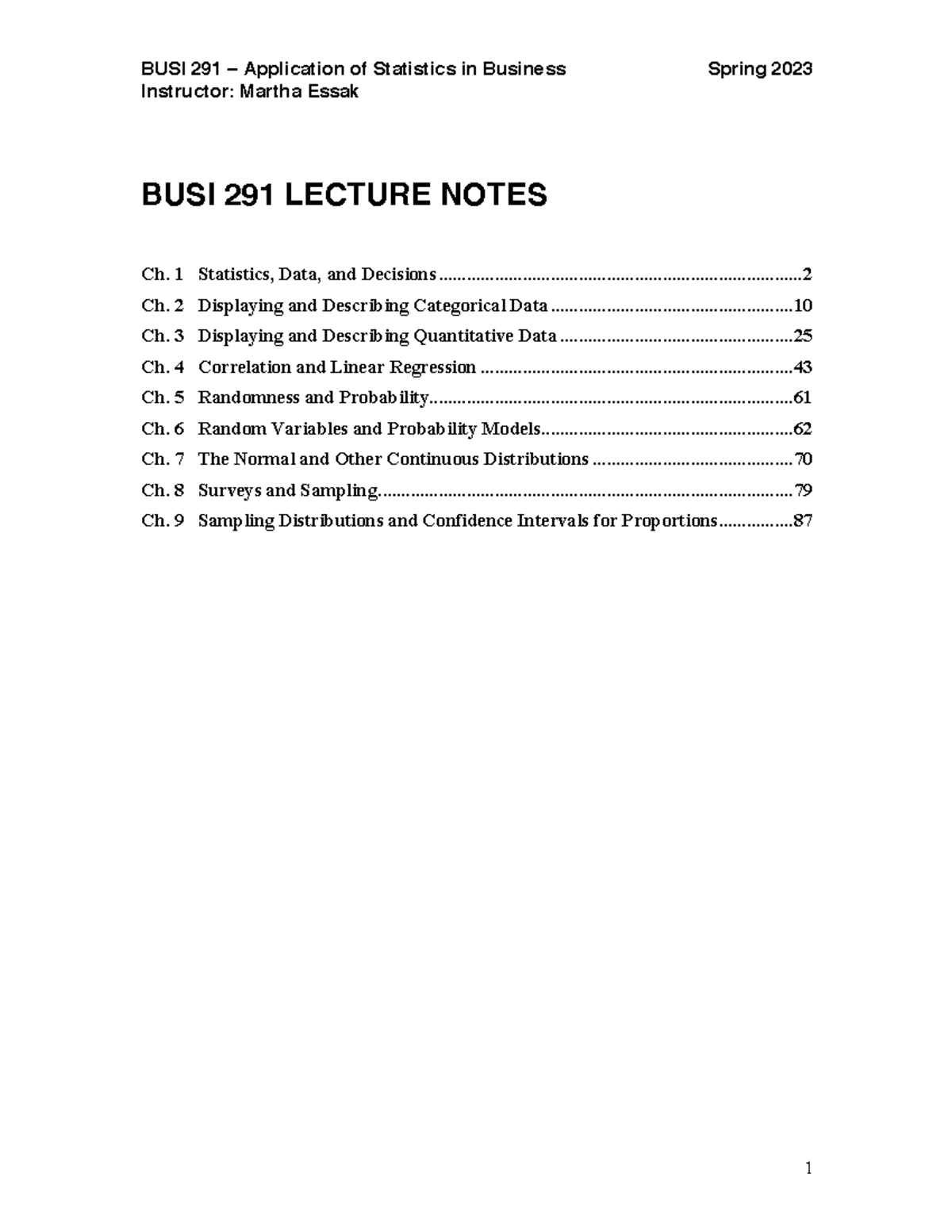 BUSI 291 Lecture notes booklet Ch 1-9 - Instructor: Martha Essak Ch. 1 ...