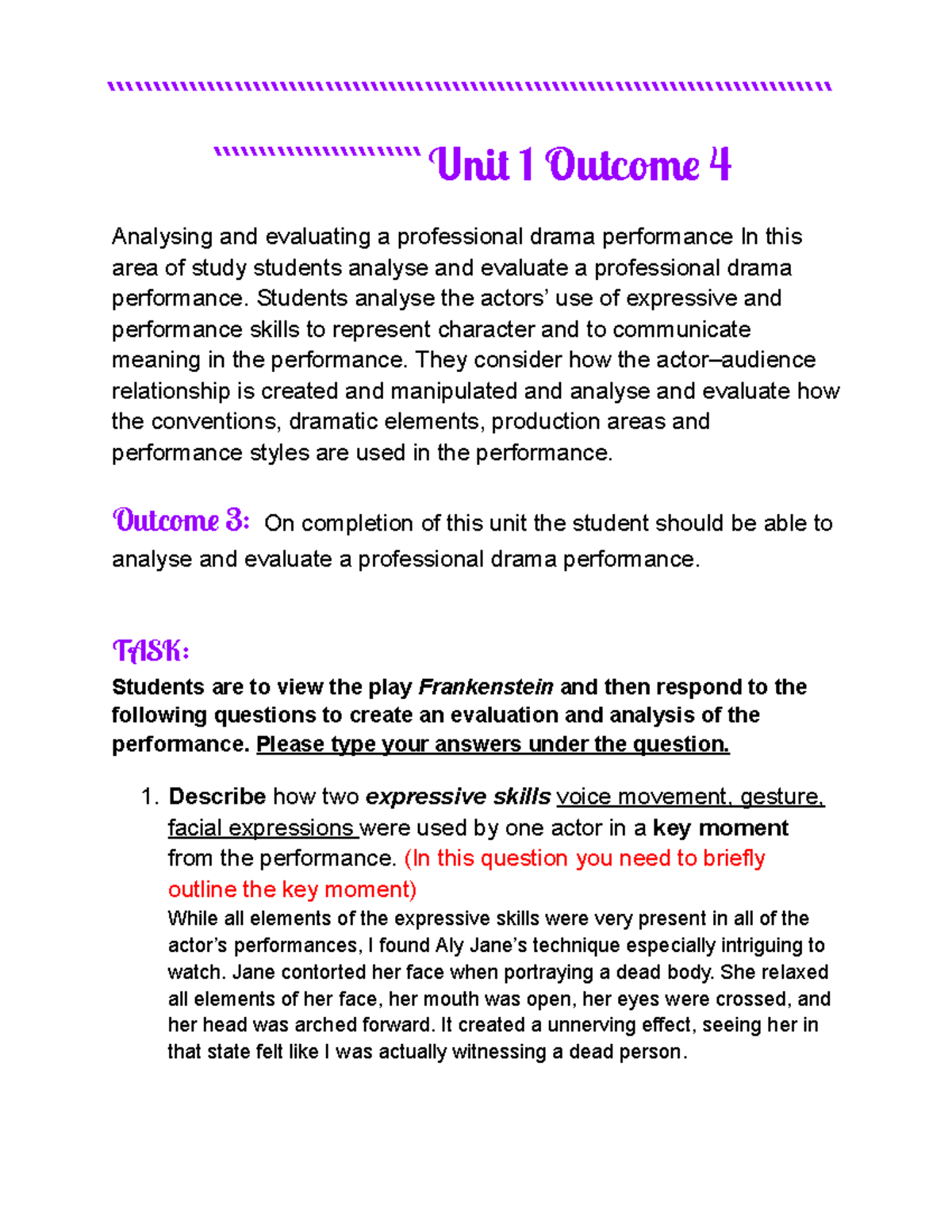 Jessica Bushell - Unit 1 Outcome 4. Frankenstein - - Studocu