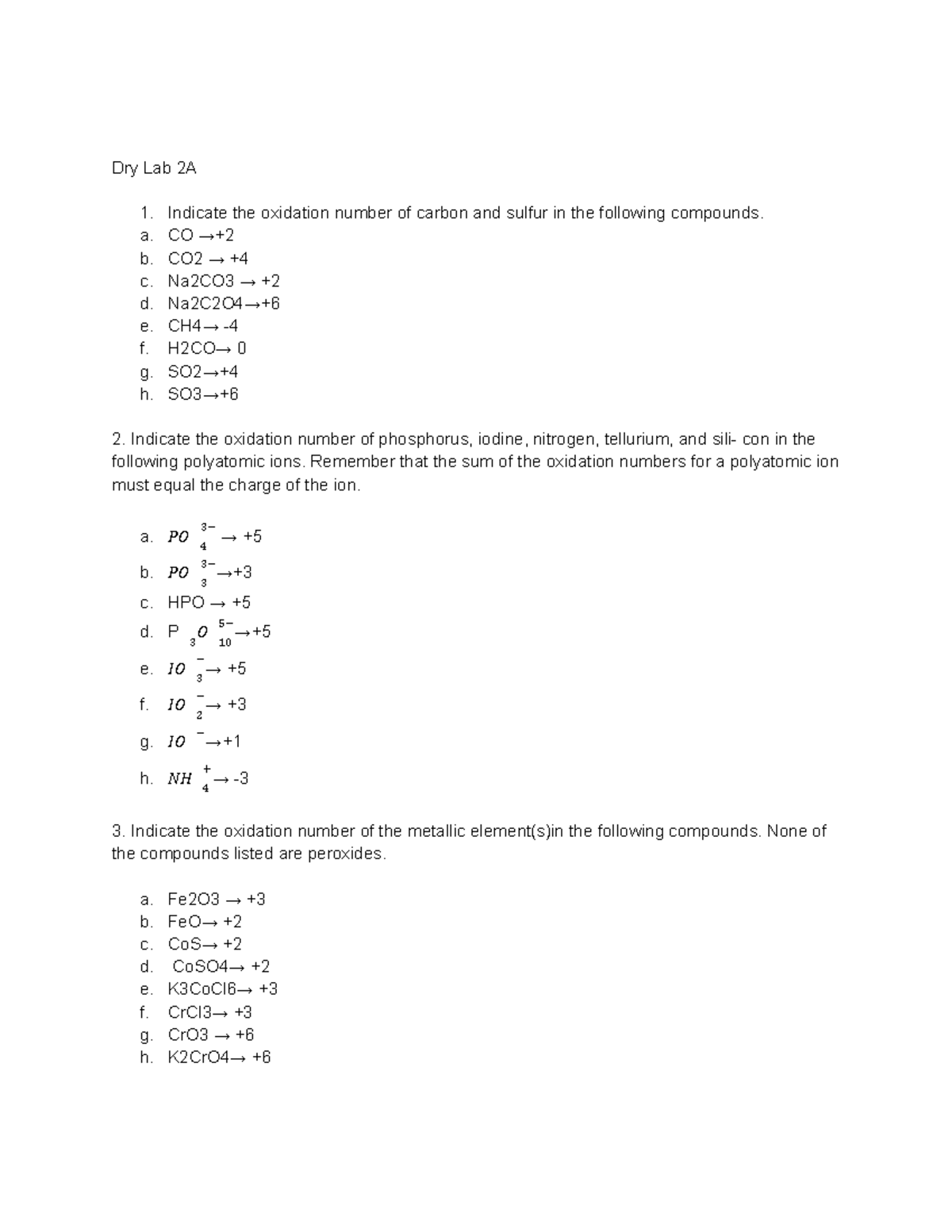 DRY LAB 2A CHEM LAB - Dry Lab 2A Indicate the oxidation number of ...