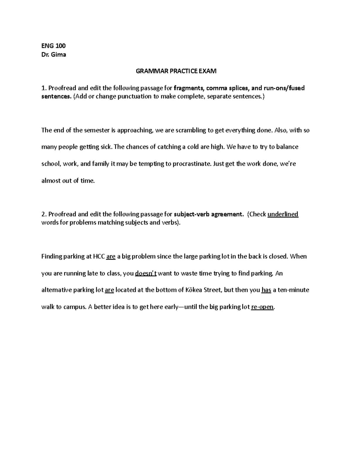 ENG 100 Grammar Practice Exam 2, 2019 - ENG 100 Dr. Gima GRAMMAR ...