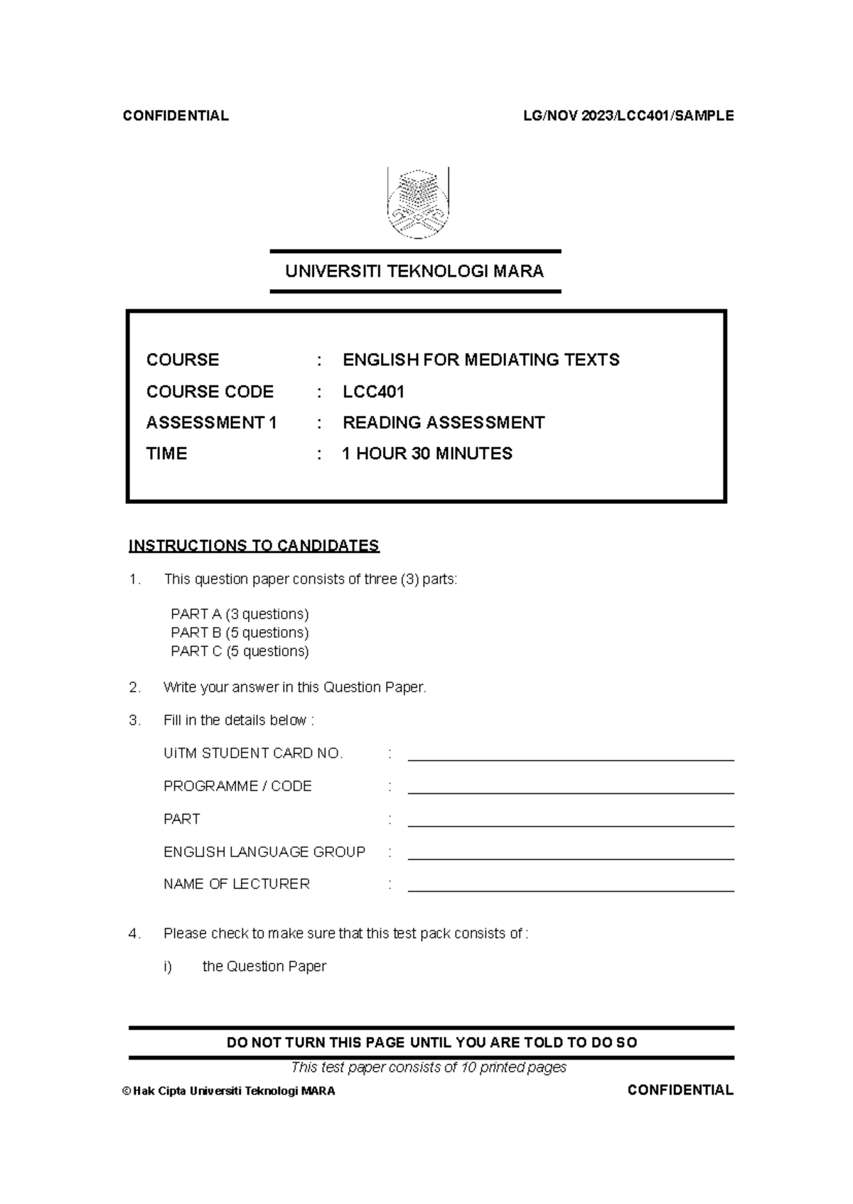 1. Sample OF Reading Assessment - CONFIDENTIAL LG/NOV 2023/LCC401 ...