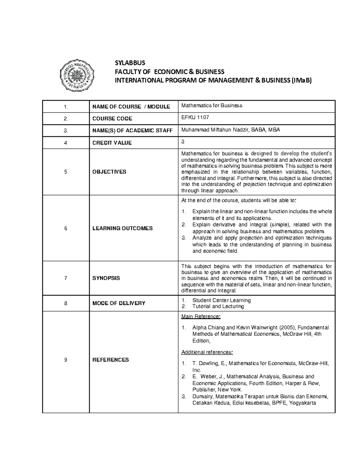 Syllabus Mathematics Economics AND Business 3 - SYLABBUS FACULTY OF ...