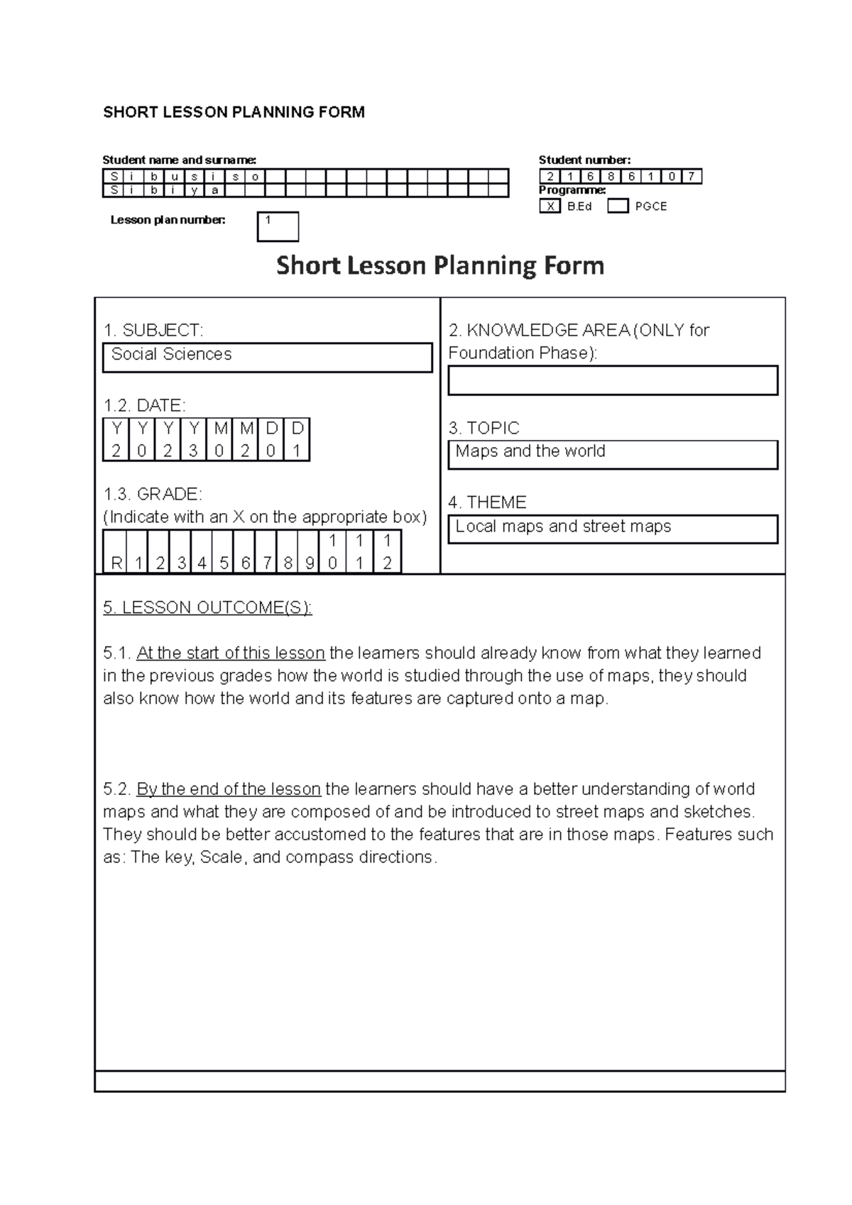 TUKS Short Lesson plan - SHORT LESSON PLANNING FORM Student name and ...