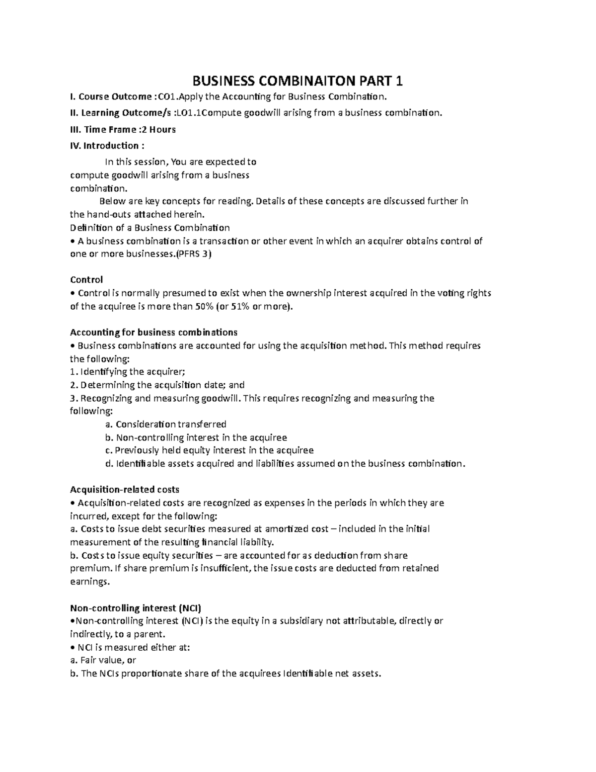 Business Combination 1 - BUSINESS COMBINAITON PART 1 I. Course Outcome ...