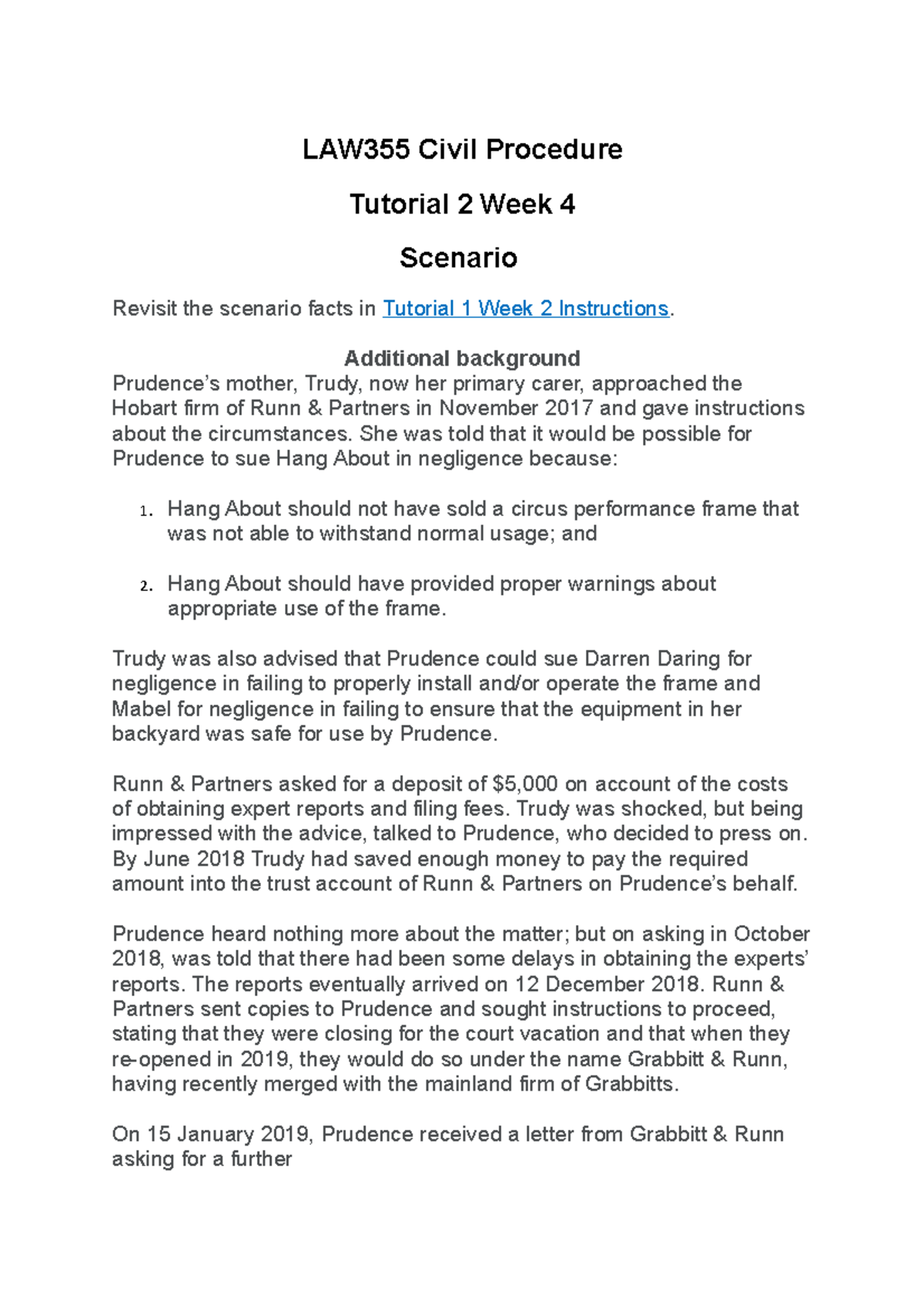 2021 Tutorial 2 - LAW355 Civil Procedure Tutorial 2 Week 4 Scenario ...