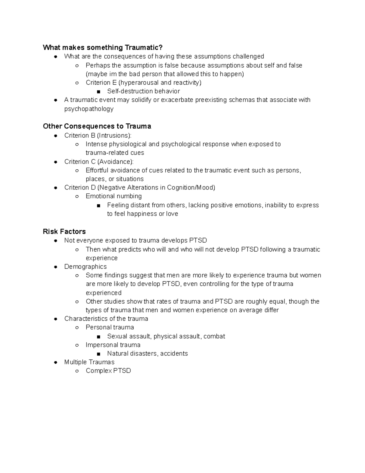 PTSD - Behavior Disorder Lecture Notes - What makes something Traumatic ...
