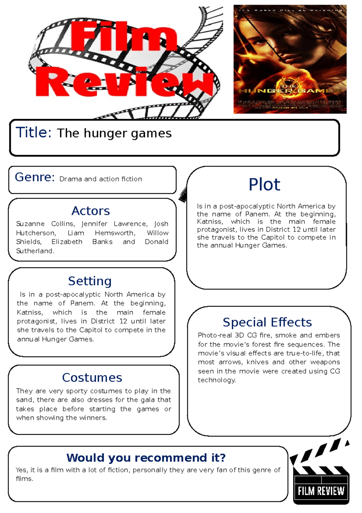 Film Review worksheet Act 1 - Title: The hunger games Costumes They are ...