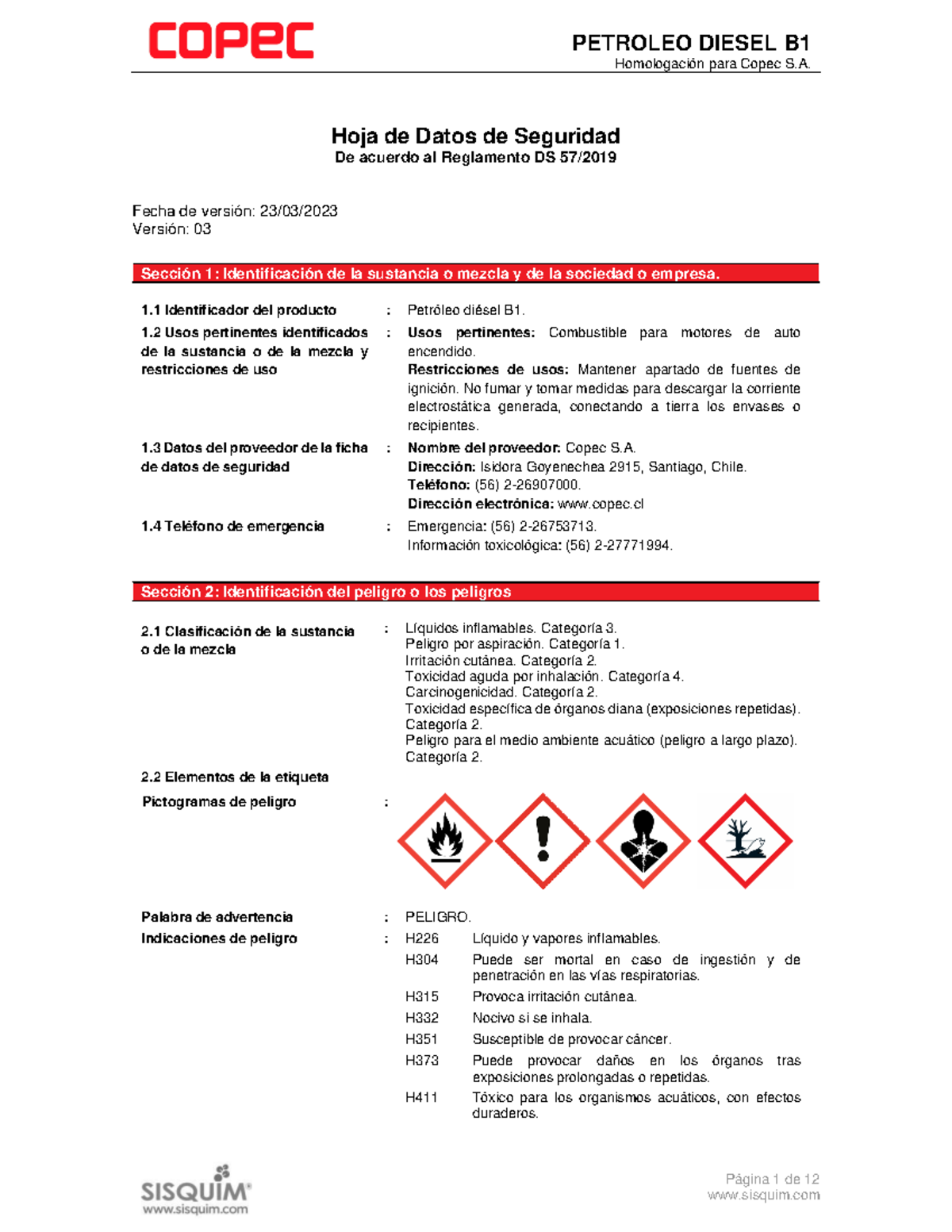 HDS Diesel Copec - Homologación para Copec S. Página 1 de 12 Hoja de ...