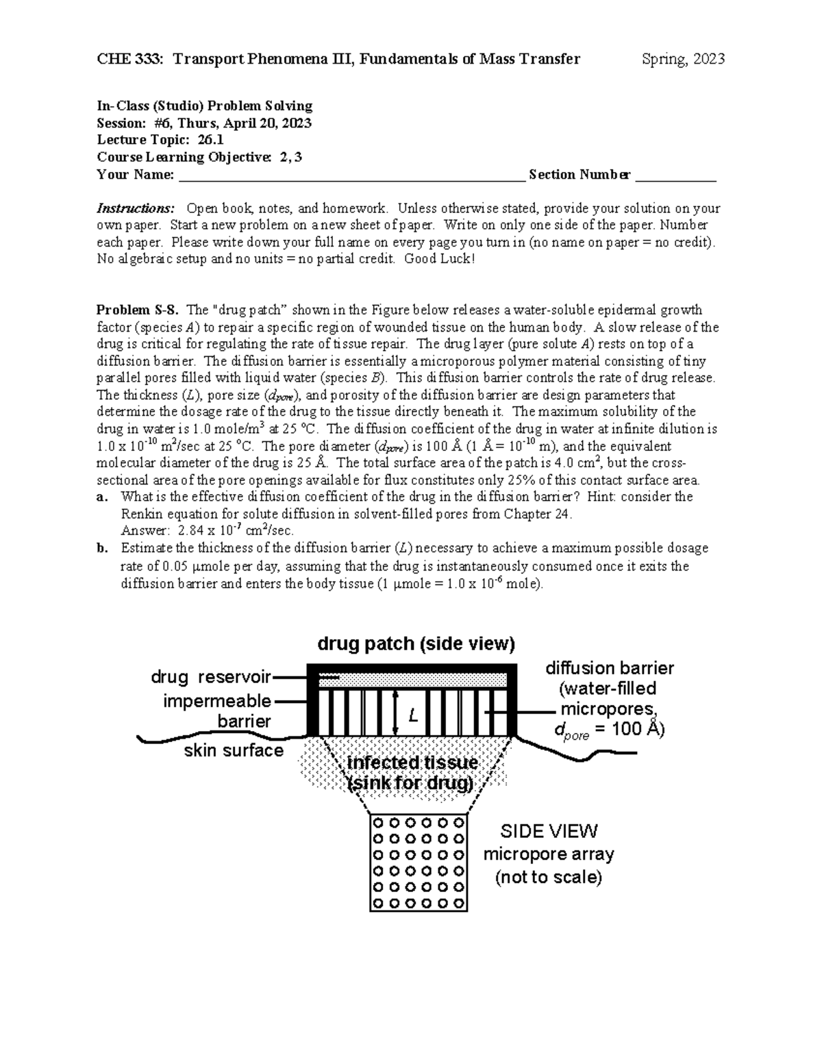 CHE 333 Studio #6 Problems 4-20-23 - CHE 333: Transport Phenomena III, Fundamentals of Mass ...