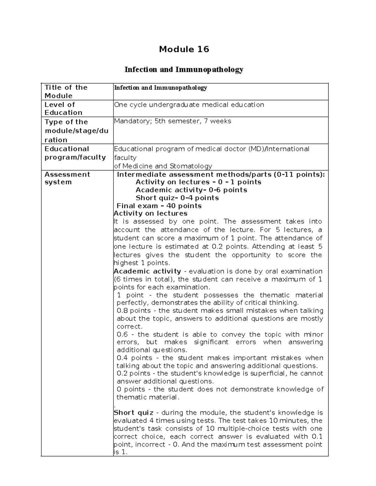 Mod - Module plan - Module 16 Infection and Immunopathology Title of ...