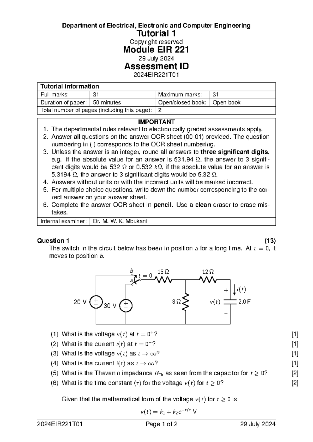 2024 Tut test 1 - Department of Electrical, Electronic and Computer ...