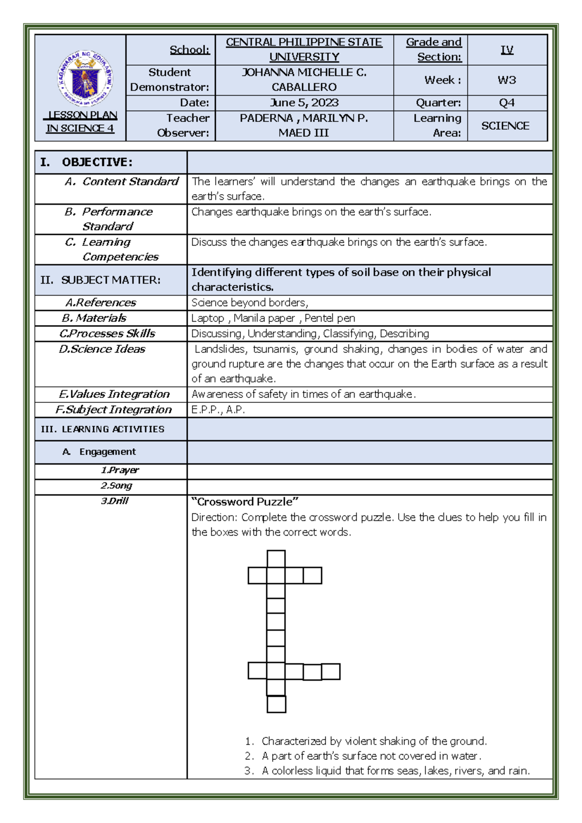 LP Revised SCI2-PDF- Caballero - LESSON PLAN IN SCIENCE 4 School: CENTRAL PHILIPPINE STATE - Studocu