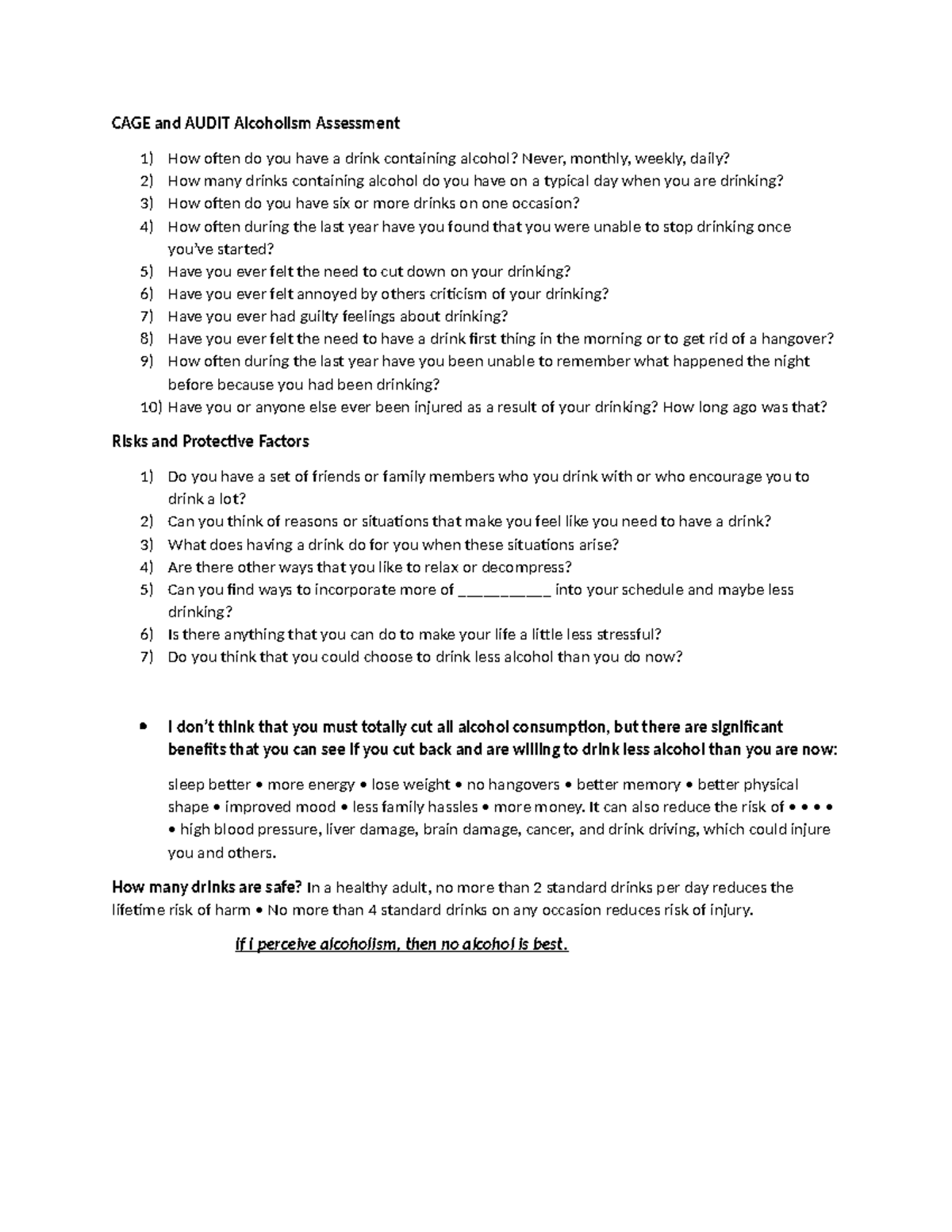 Substance abuse assessment - CAGE and AUDIT Alcoholism Assessment 1 ...