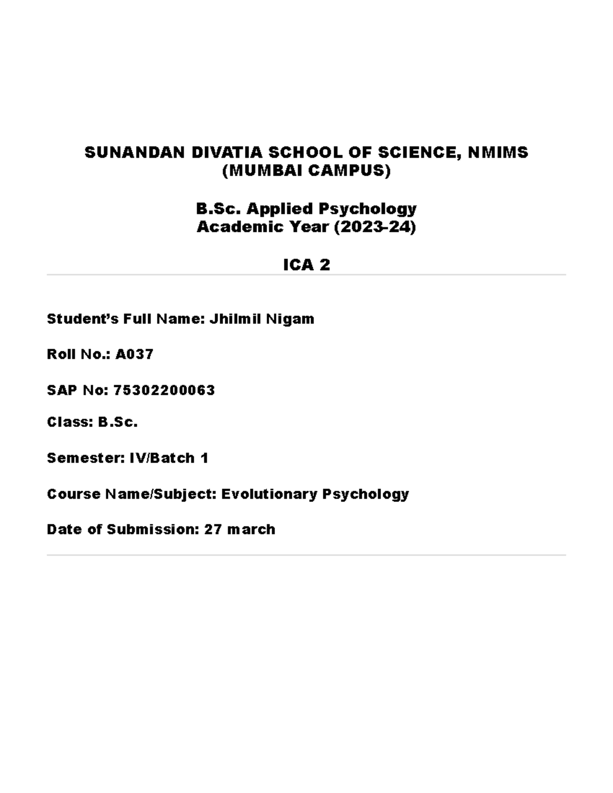 Batch 1 Psych - assignment cover page bsc - Applied Psychology ...