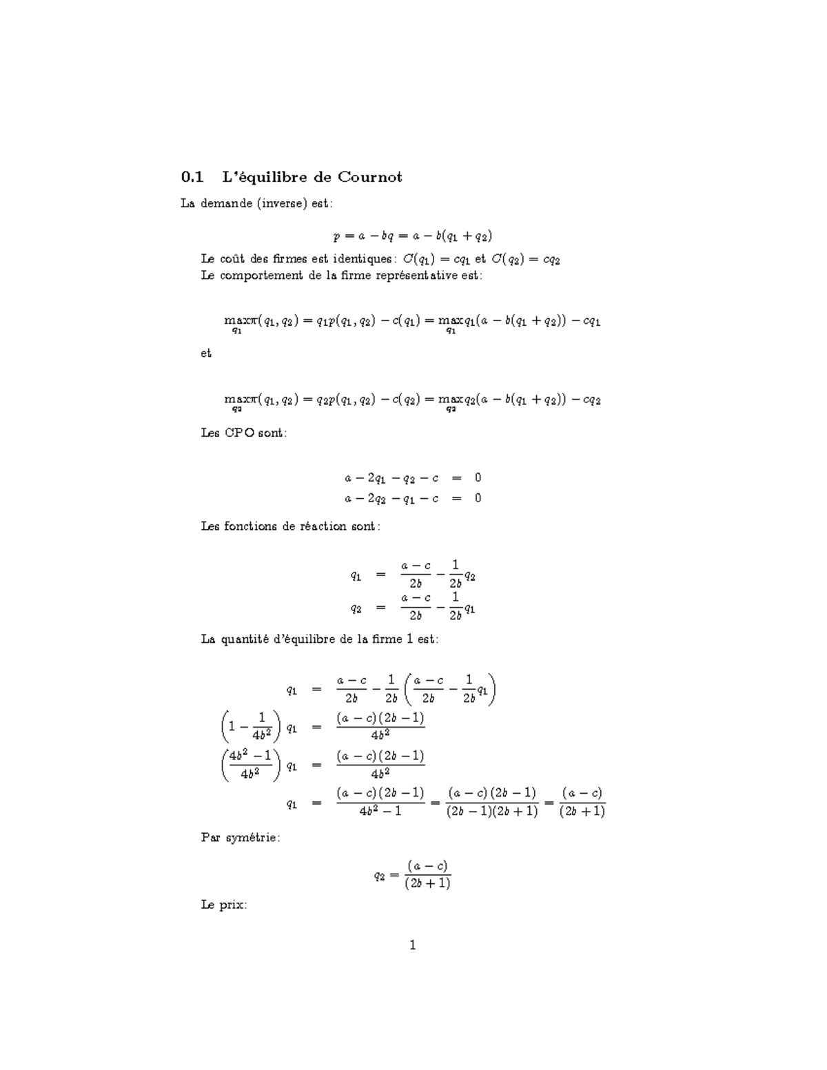 Equilibre de Cournot - 0 LíÈquilibre de Cournot La demande (inverse ...