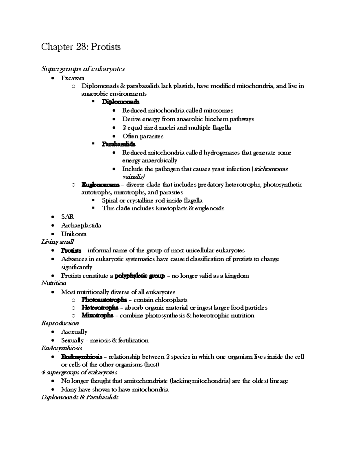 Chapter 28 - Chapter 28: Protists Supergroups of eukaryotes Excavata o ...