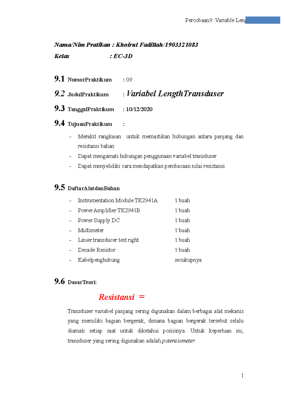 Nine Variabel Length Practical in Laboratory - Nama/Nim Pratikan : Khoirul Fadillah/ Kelas : EC ...
