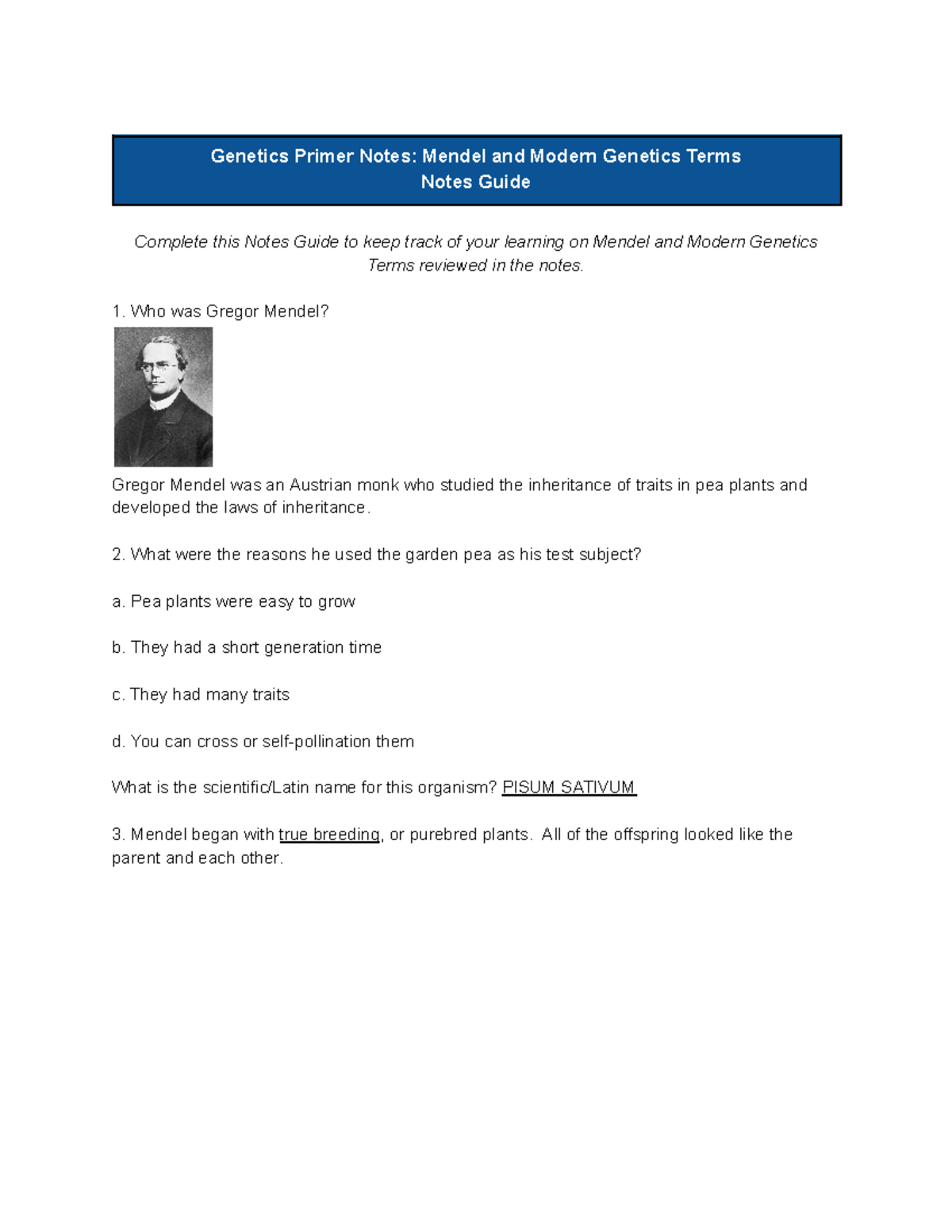 M8Genetics Primer Notes HO - Genetics Primer Notes: Mendel and Modern ...