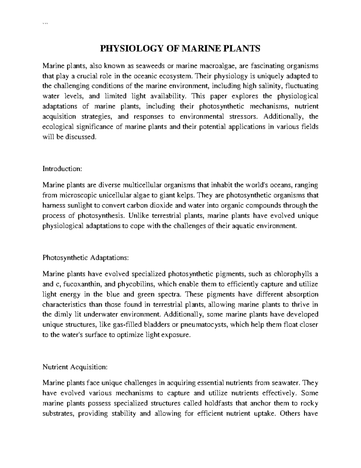 Physiology OF Marine Plants - ## PHYSIOLOGY OF MARINE PLANTS Marine ...