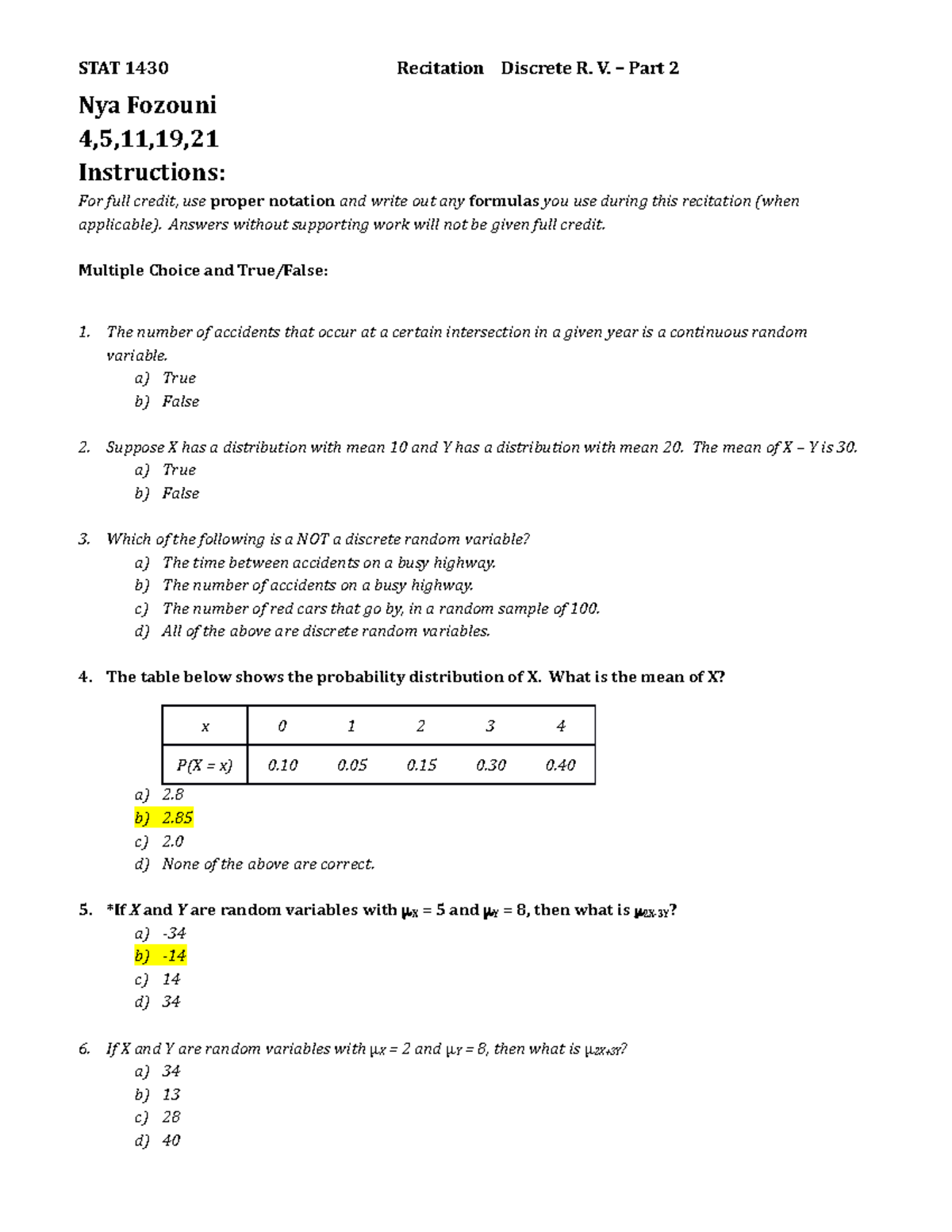 Rec 8b Discrete Random Variables Part 2 Nya Fozouni 4 5 11 19 Instructions For Full Credit