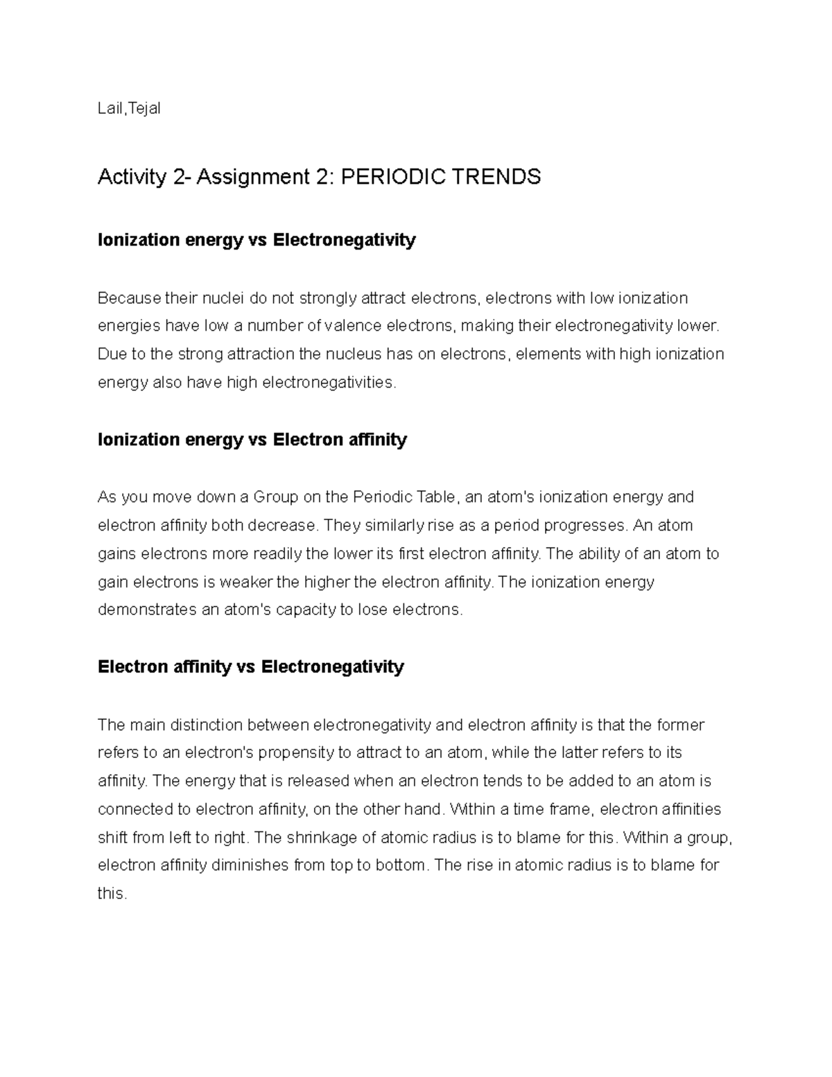 Activity 2- Assignment 2 Periodic Trends - CHEM 1004 - Fanshawe - Studocu
