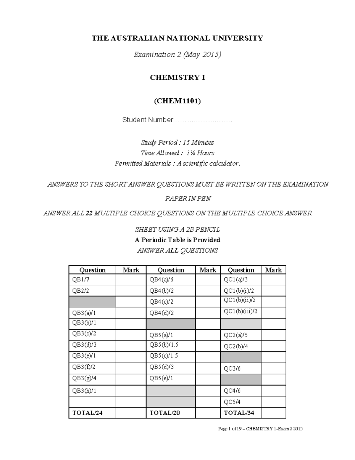 2015 Chem1101 Test 2 - Australian National University past examination ...