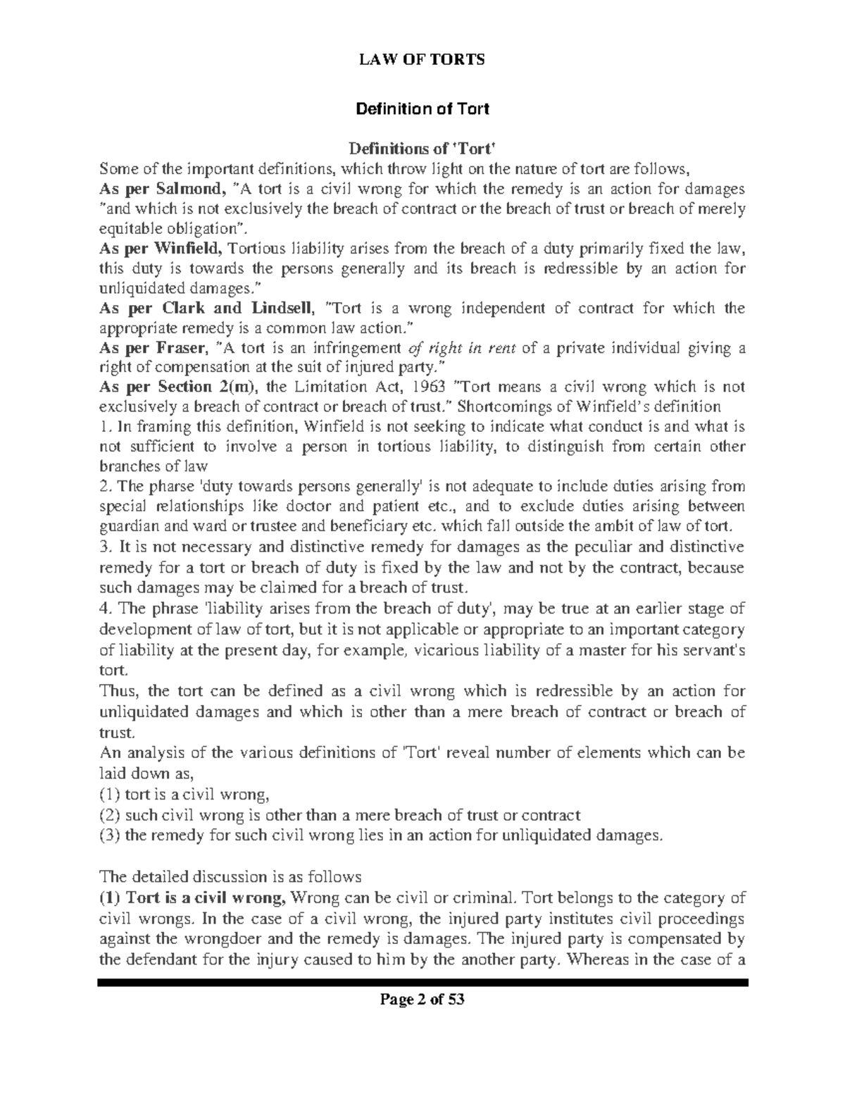 Law of Torts - Definition of Tort Definitions of 'Tort' Some of the ...