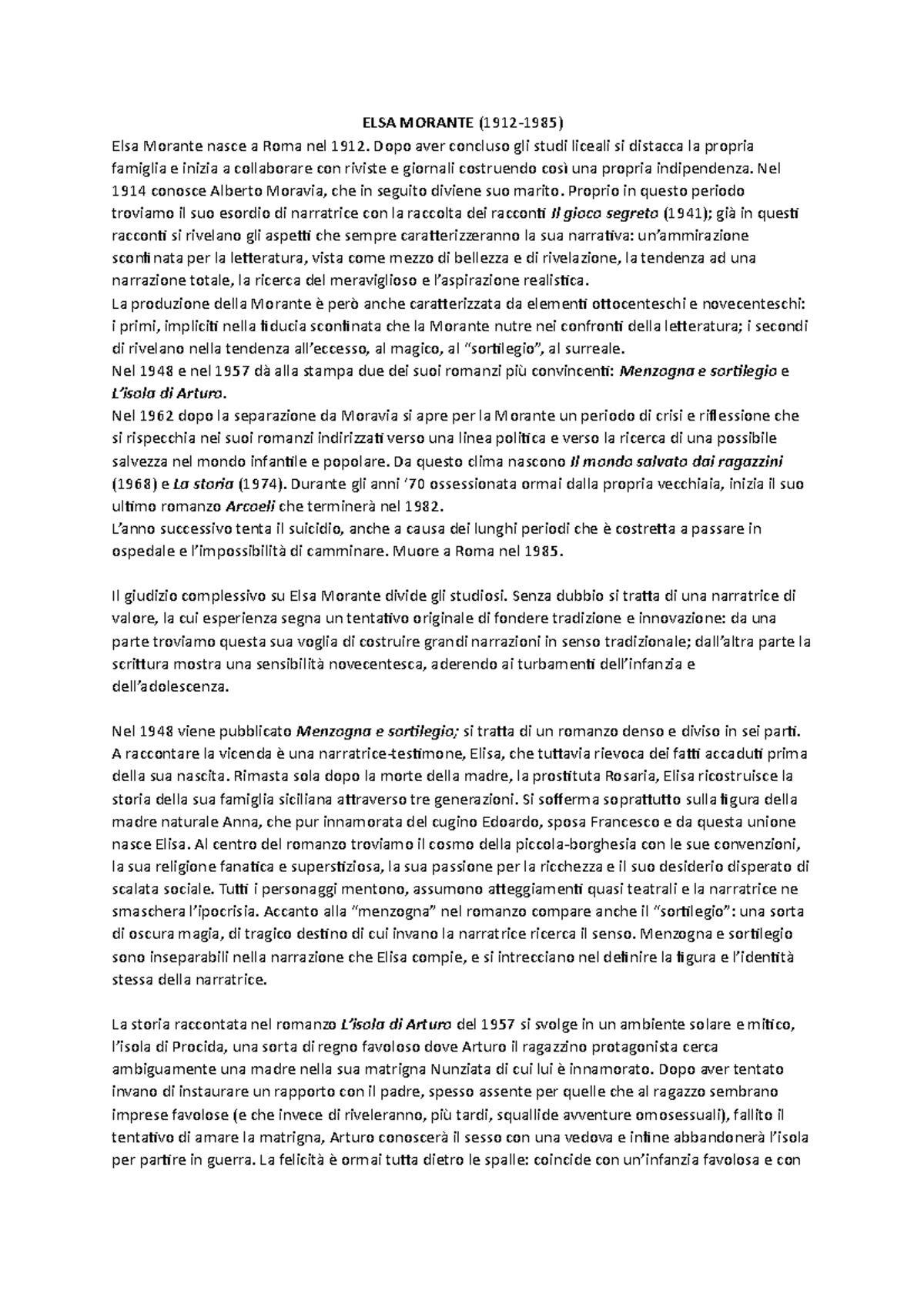 Elsa Morante riassunto - ELSA MORANTE (1912-1985) Elsa Morante nasce a ...