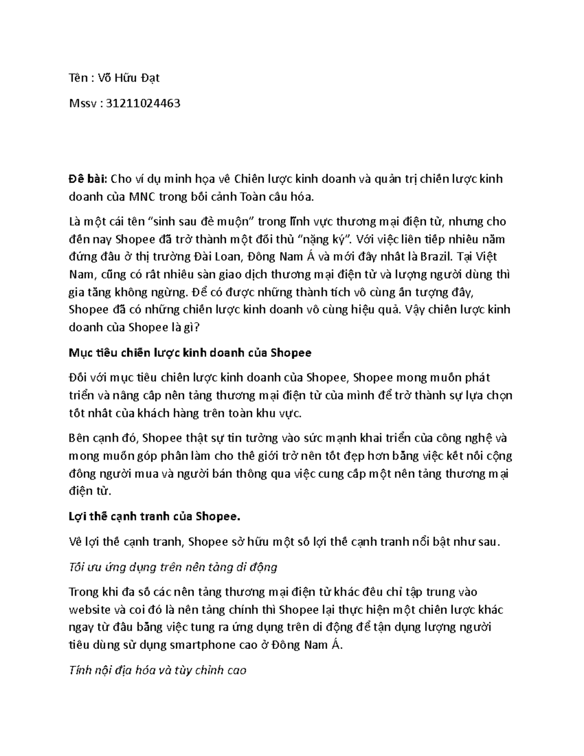 Qtcltc - uhyuyghhhyghyyyg - Tên : Võ H u Đ tữ ạ Mssv : 31211024463 Đềề ...