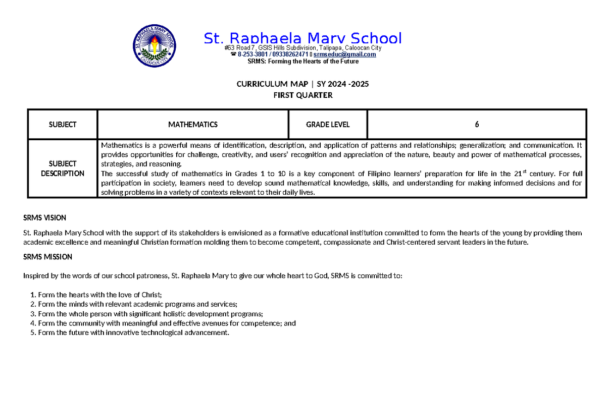 Curriculum-Map- Math-6 - St. Raphaela Mary School #63 Road 7, GSIS ...