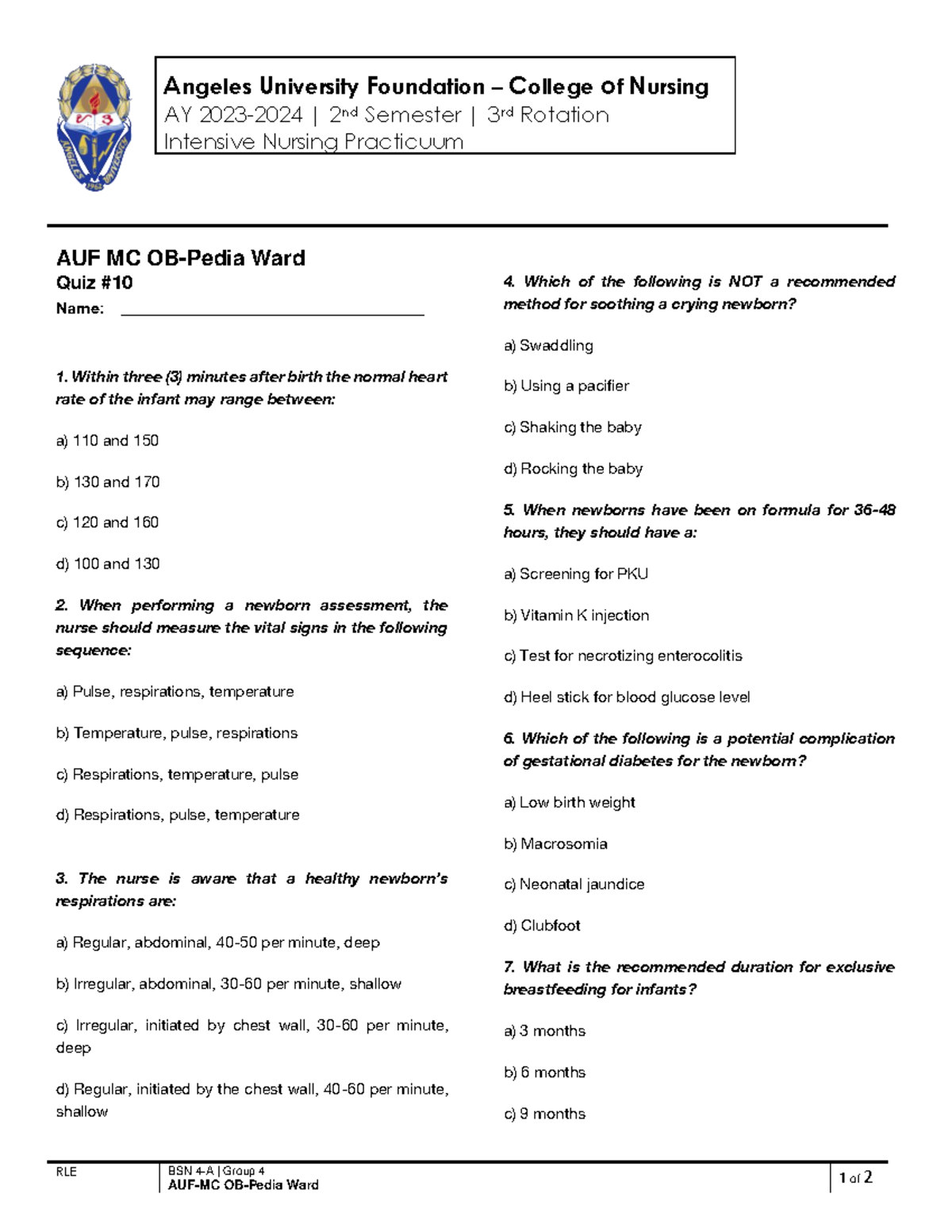 OB- Pedia WARD QUIZ - Angeles University Foundation – College of ...
