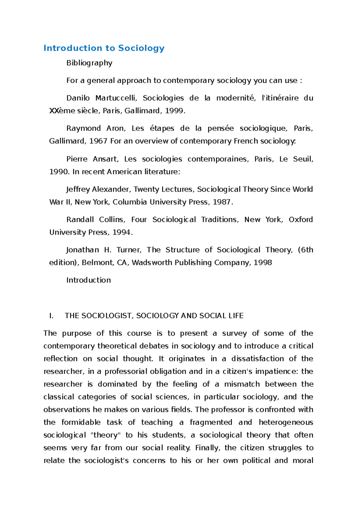 Sociology Introduction 1 - Introduction to Sociology Bibliography For a ...