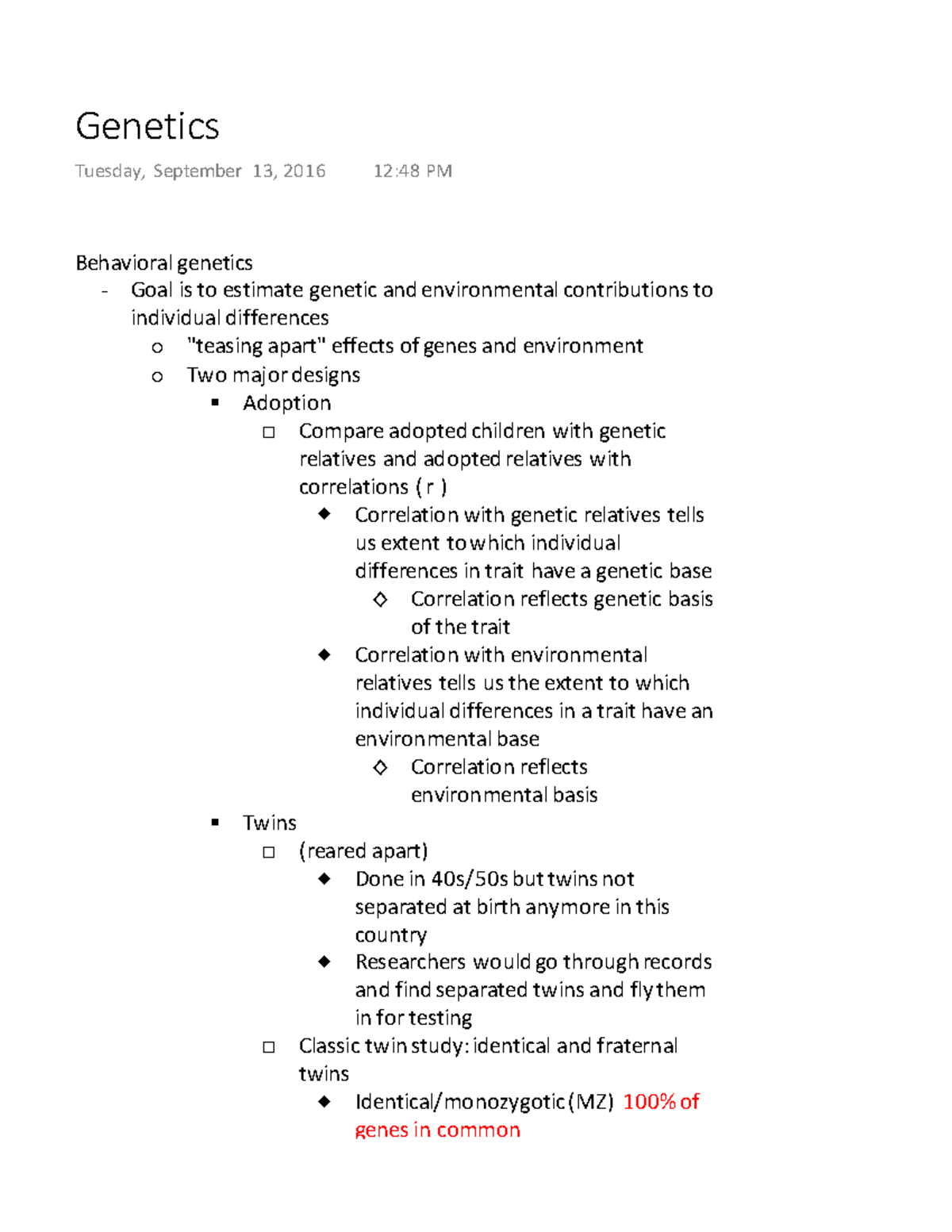 Genetics - Jennifer Ganger Lecture notes - Genetics Tuesday, September ...