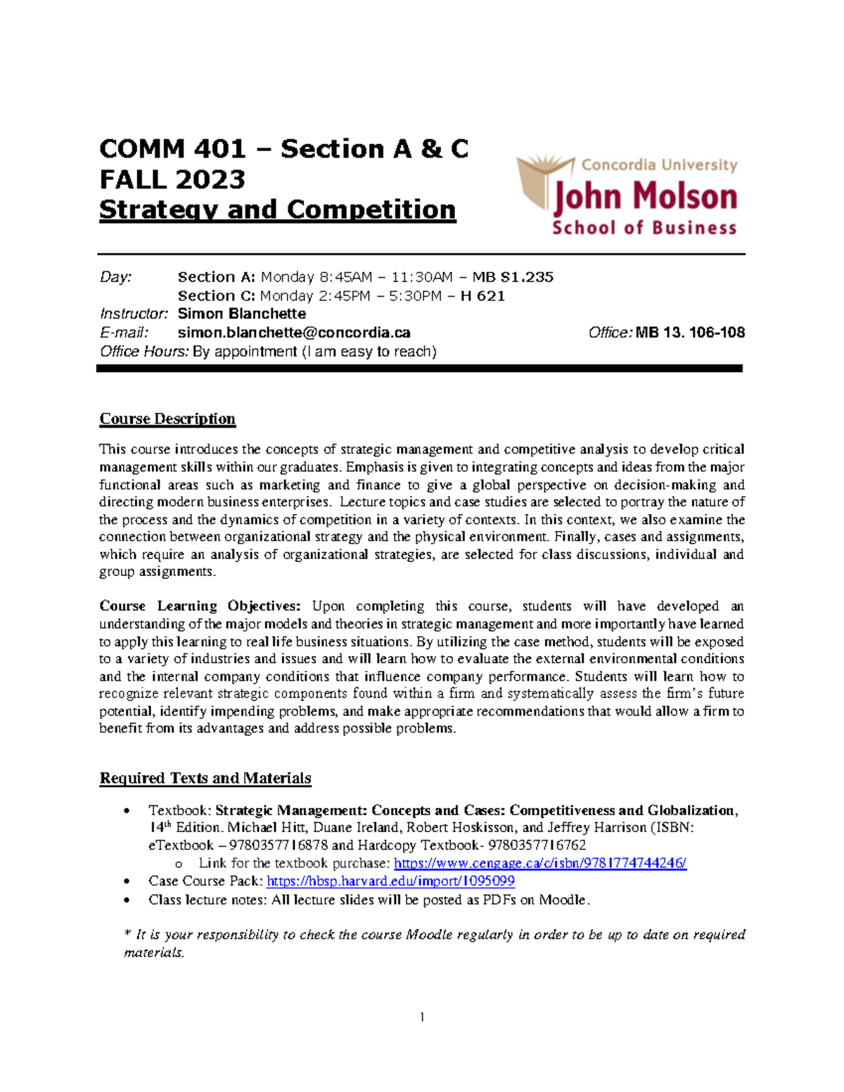 COMM 401 Fall 2023 - Simon Blanchette - COMM 401 – Section A & C FALL ...