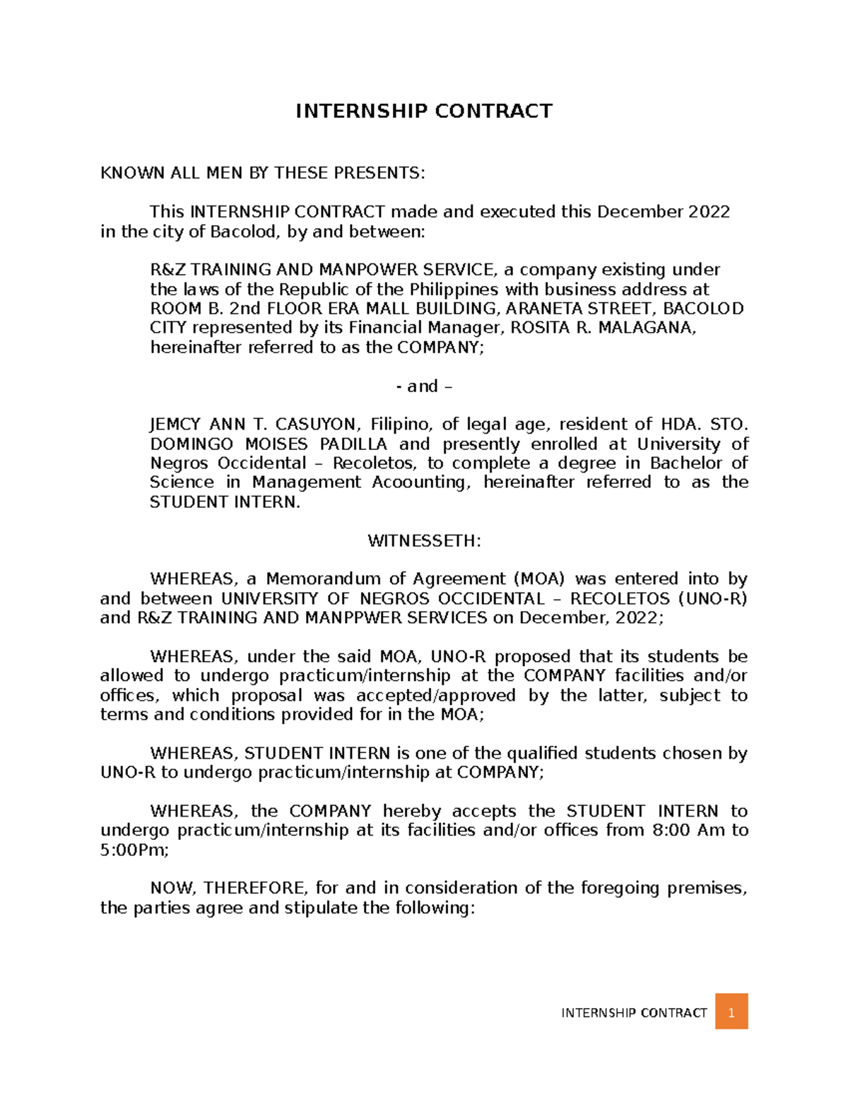 Internship- Contract - Practical - INTERNSHIP CONTRACT KNOWN ALL MEN BY ...