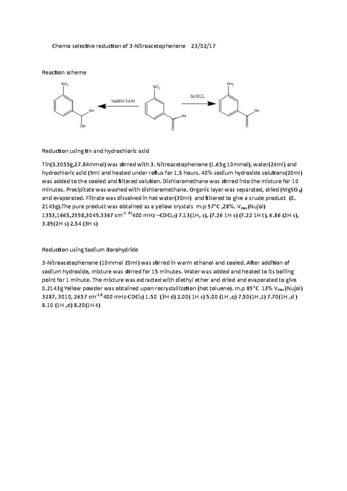 Chemo selective reduction of 3 - Nitroacetophenone (1 10mmol), water ...