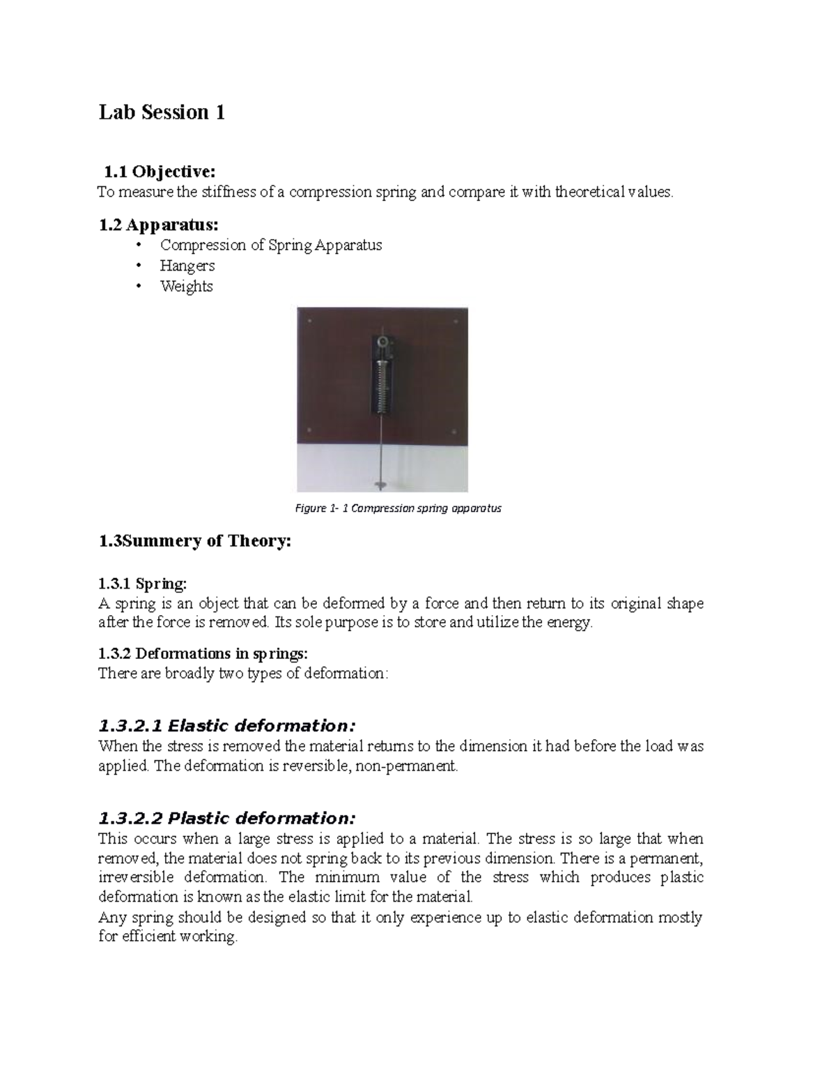 Lab Session 1 - 1 Apparatus: Compression of Spring Apparatus Hangers ...