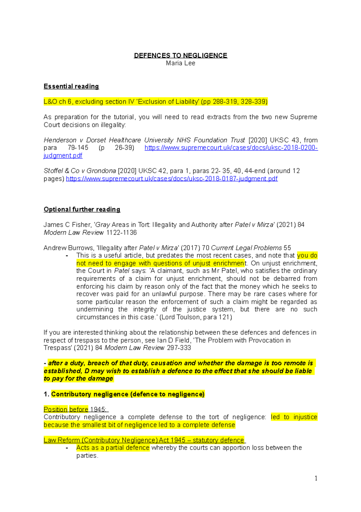 Defences to negligence handout - DEFENCES TO NEGLIGENCE Maria Lee ...