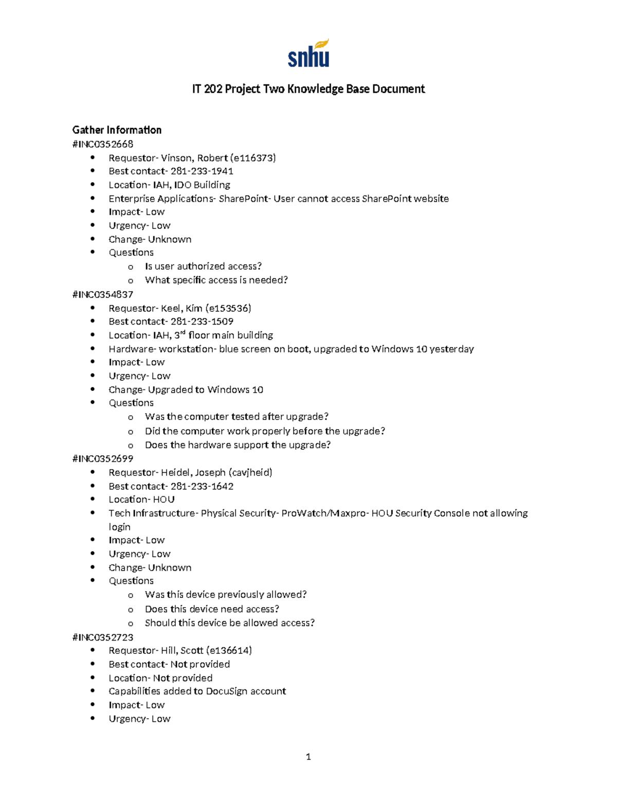 IT 202 Project Two Knowledge Base - Impact- Low Urgency- Low Change ...