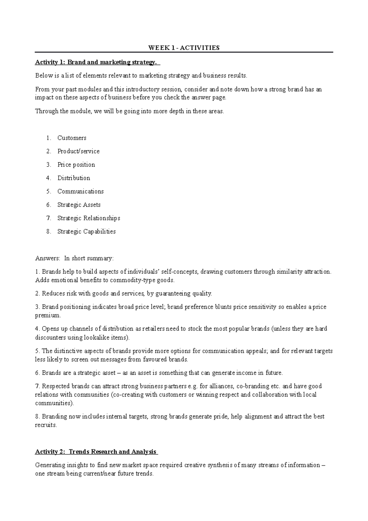 Activities from lectures - WEEK 1 - ACTIVITIES Activity 1: Brand and ...