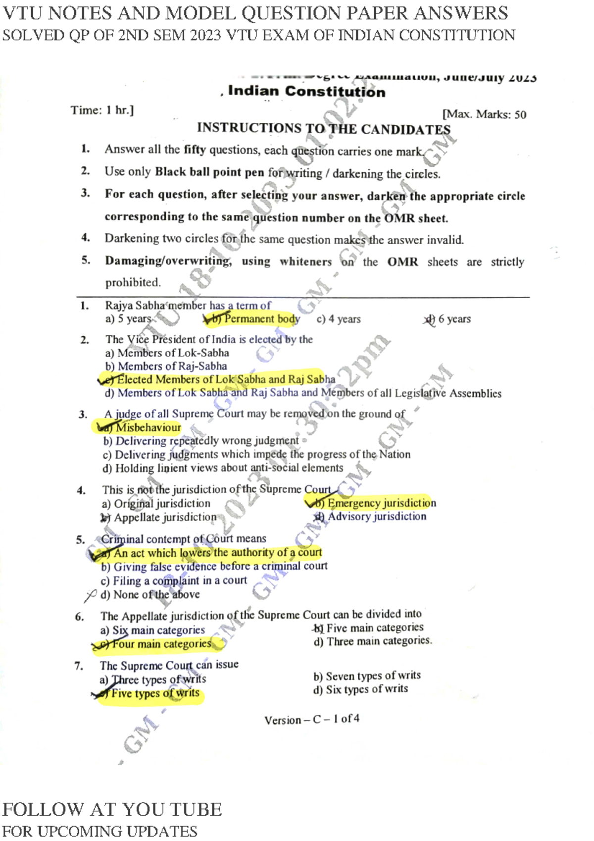Solved QP OF 2ND SEM VTU EXAM OF Indian Constitution - Computer ...