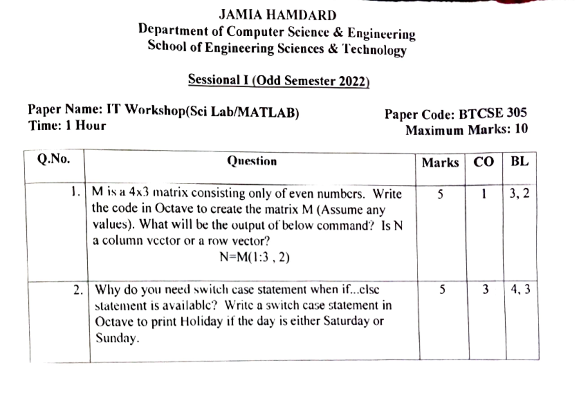 It Solved Sessionals Matlab Gnu Octave Practise Material Jamia Hamdard Department Of 