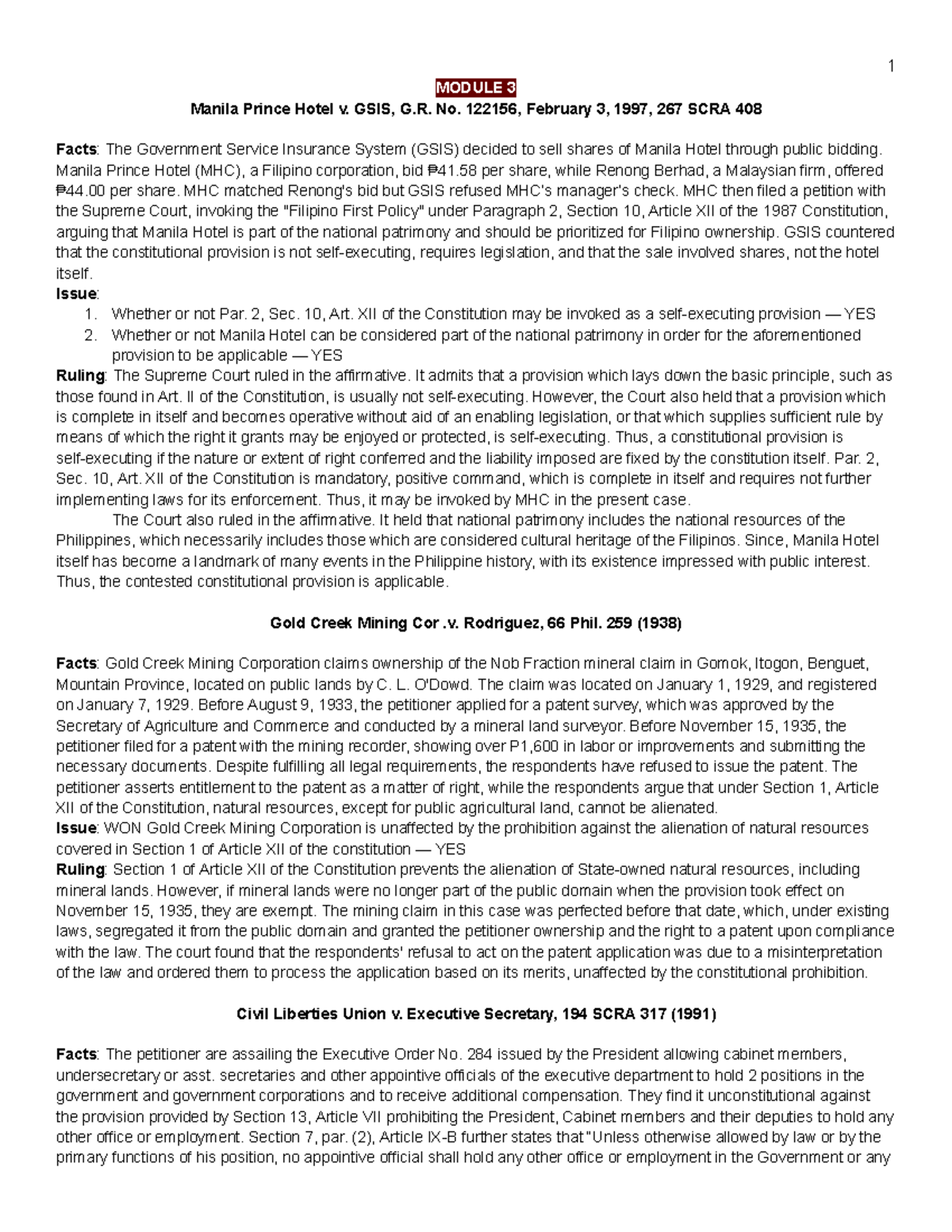 [ Statcon] Case Digest - Module 3-5 - MODULE 3 Manila Prince Hotel v. GSIS, G. No. 122156 ...