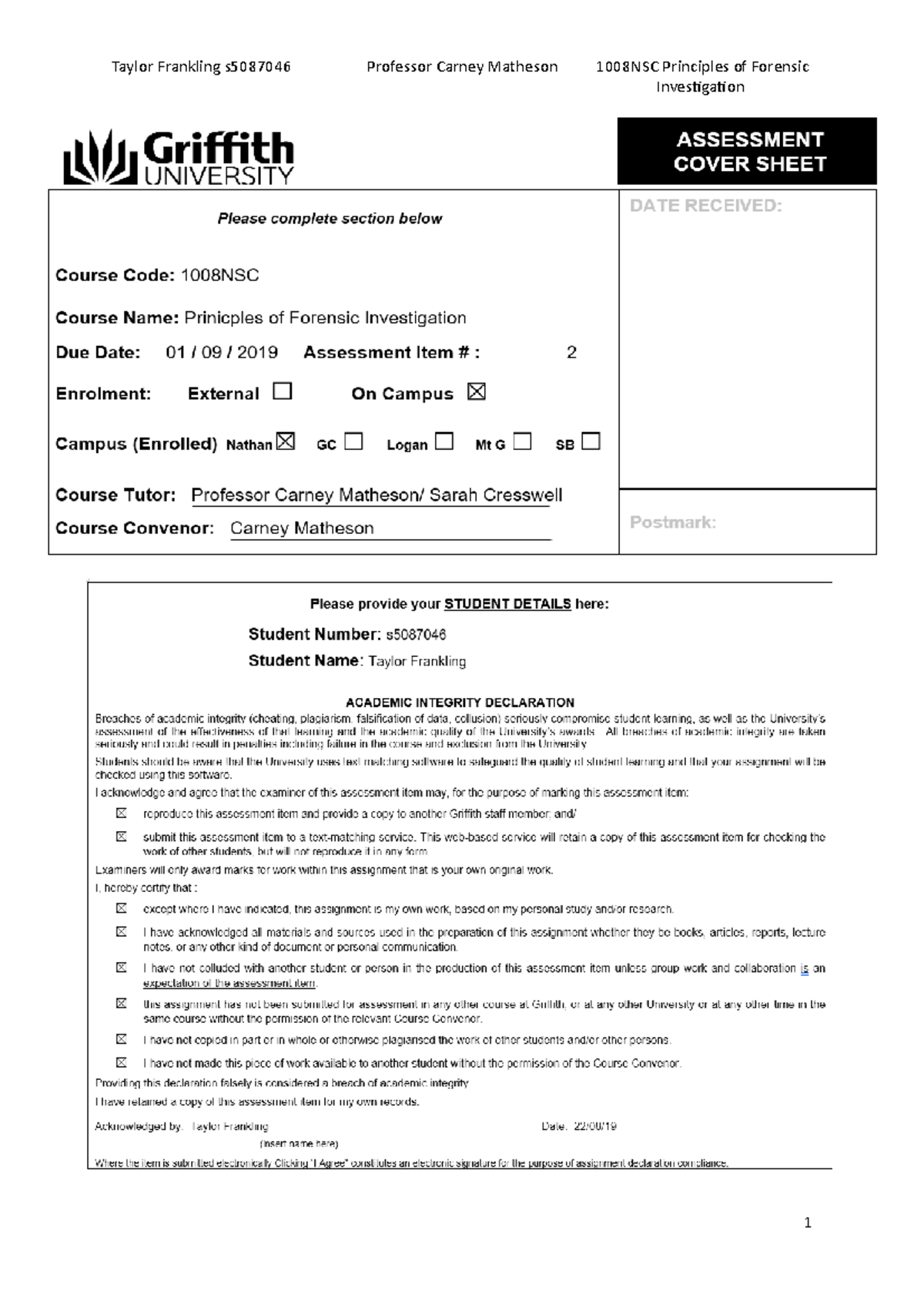Assessment 1 - Taylor Frankling s5087046 Professor Carney Matheson ...