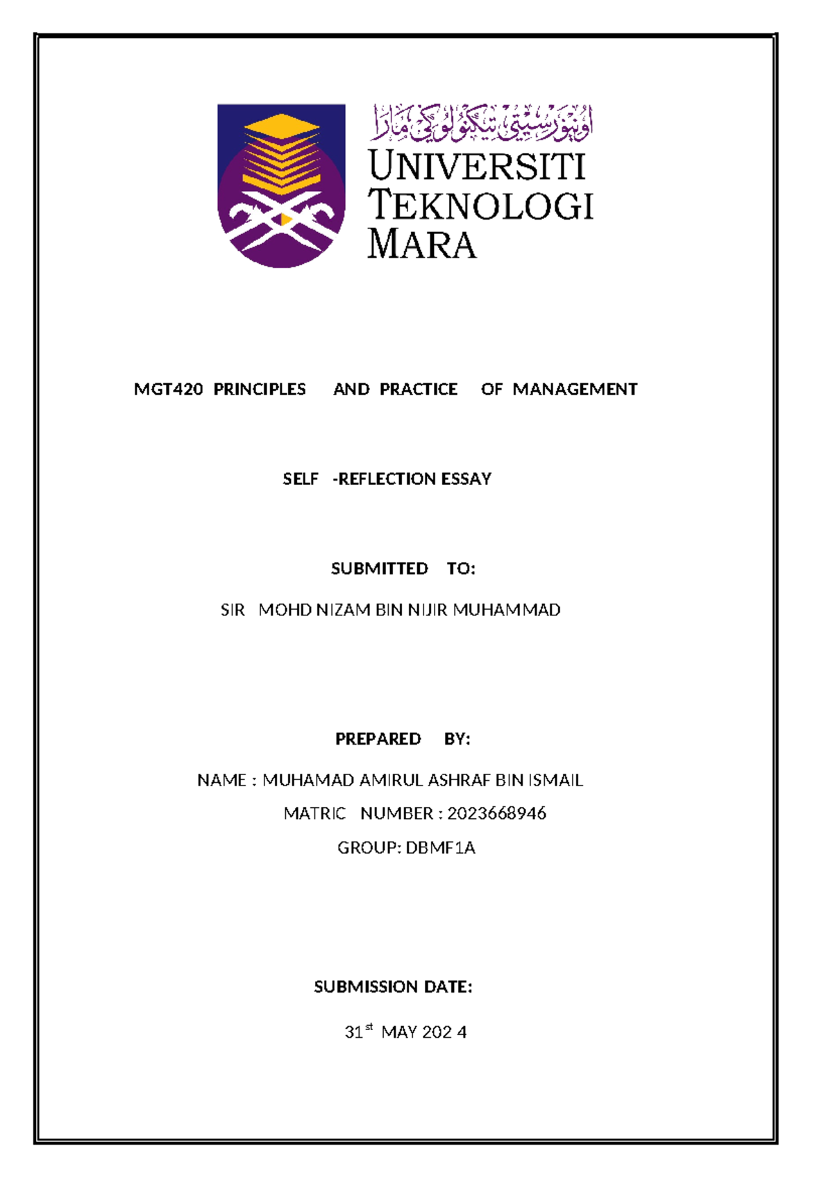 Assigment 1 Individual - Amirul Ashraf - MGT420 PRINCIPLES AND PRACTICE ...