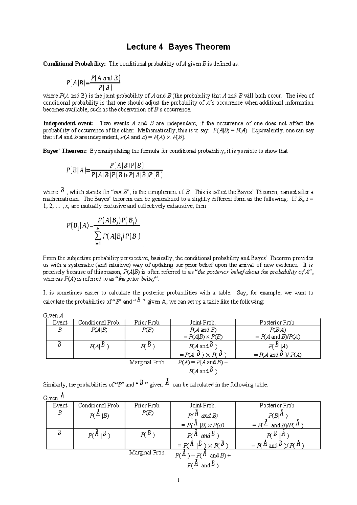 4 Bayes Theorem - Lecture 4 Bayes Theorem Conditional Probability: The conditional probability ...